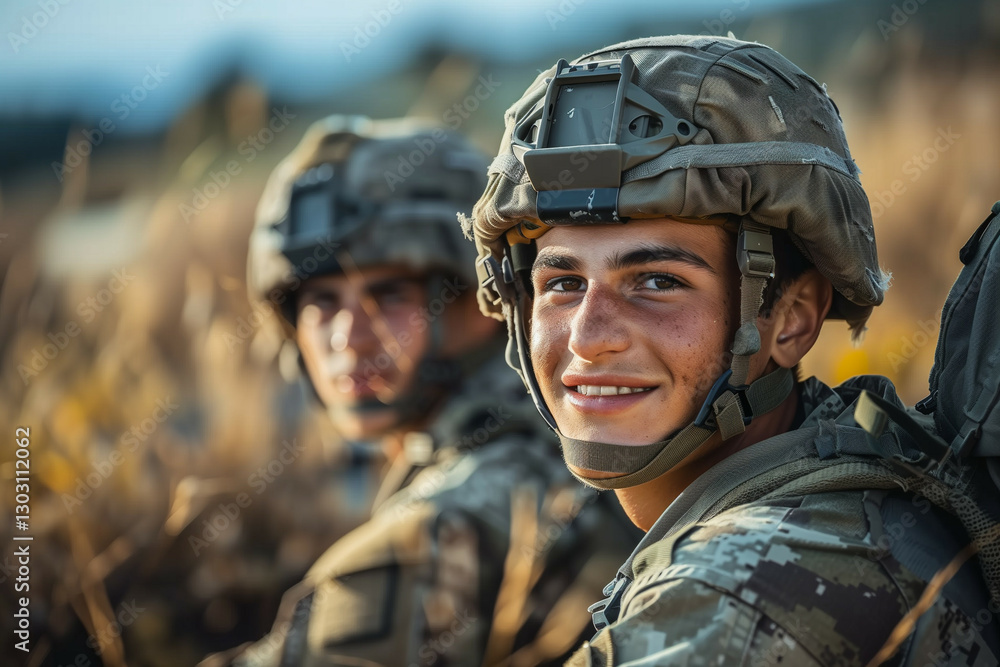 Portrait of two young military soldiers in full combat gear, smiling in ...