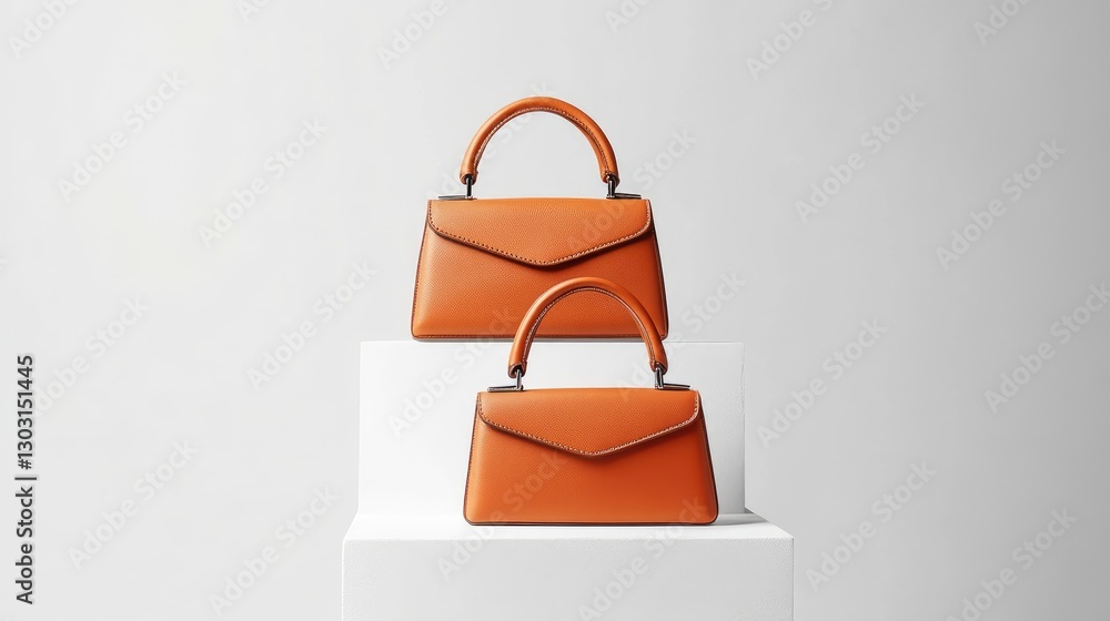 Two identical small leather handbags in the same color, one is on top ...