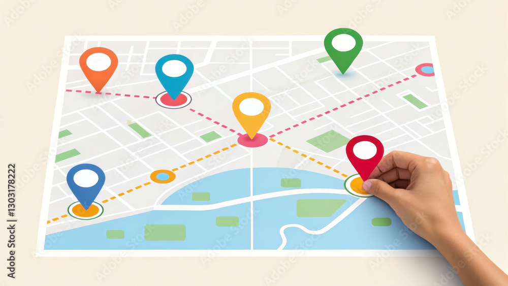 hand placing colorful pins on large map, symbolizing navigation and ...