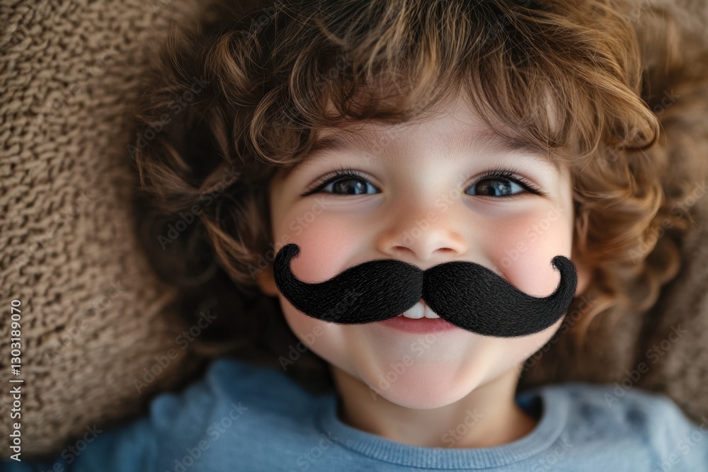 A young child with curly hair, a blue shirt, and a playful fake ...