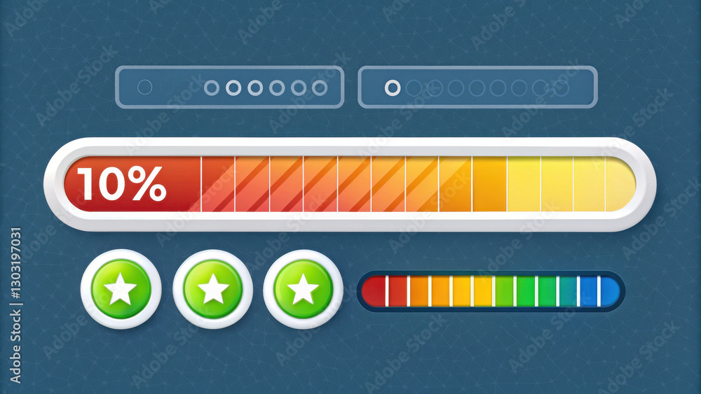 Loading progress bar at 10% with colorful indicators and stars. This graphic represents visual ...