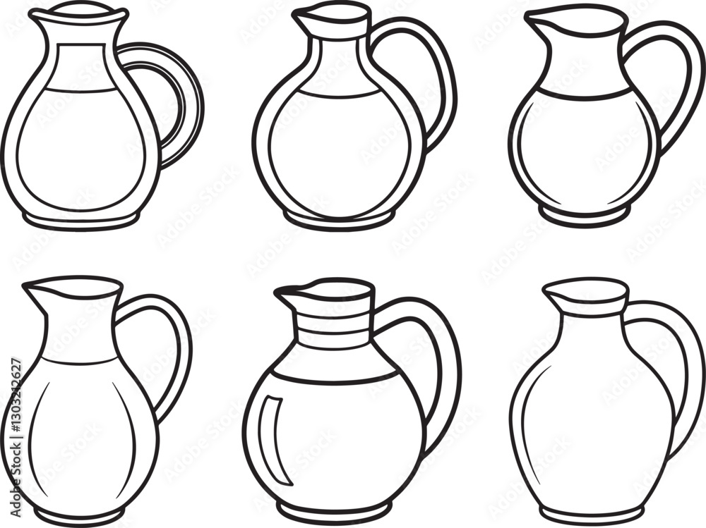 set of jug line art, black outline, vector and illustration, coloring ...