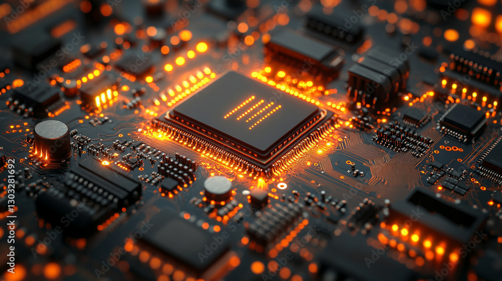 Automated machine installing components on a circuit board symbolizes ...
