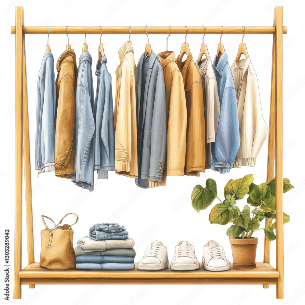 Minimalist clothing rack with various shirts and folded clothes clip ...