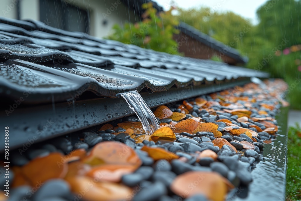 Rainwater flows over pebbles on eaves of a house, creating a serene ...