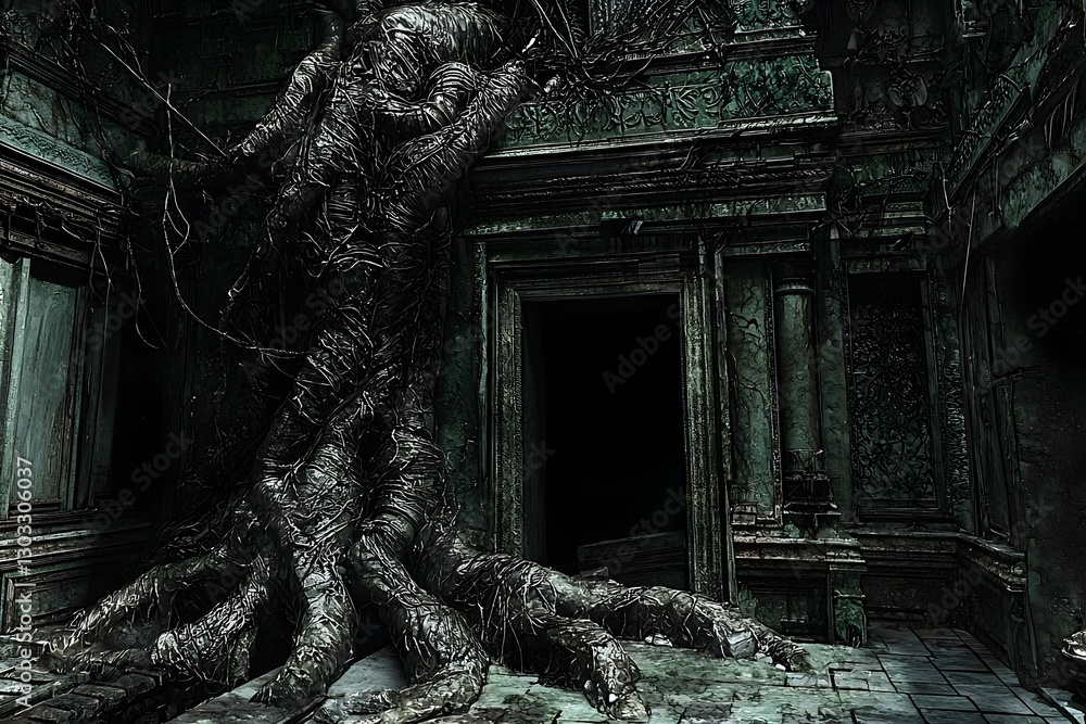 Ancient Ruins Overgrown by Twisted Dark Tree Roots Mysterious Entrance ...