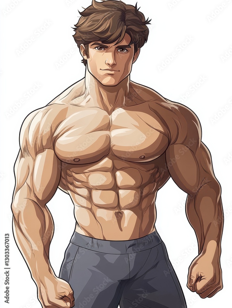 cartoon muscular man with six-pack abs and brown hair - fitness ...