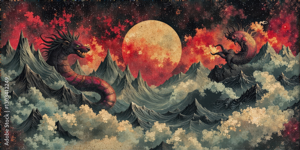 Surreal landscape with two mythical creatures and a large moon ...