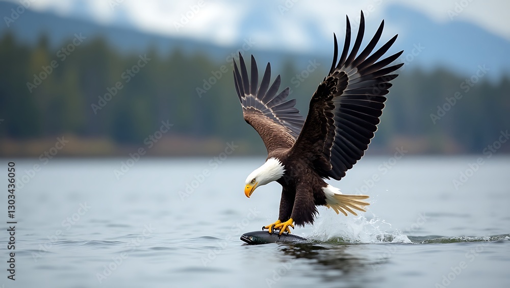 Alaska Bald Eagle Attacking a Fish – Majestic Bird of Prey Hunting Over ...