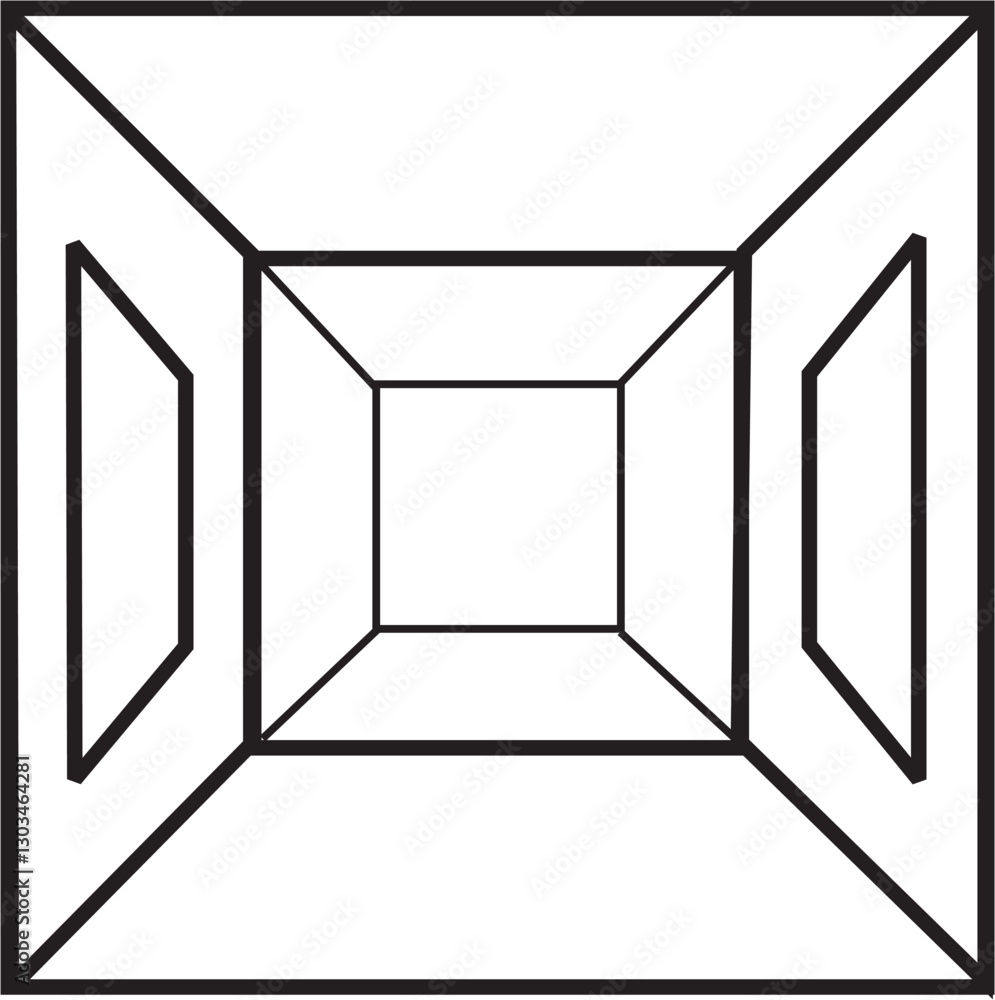 Transparent 3d perspective cube frame with black outline, minimalist ...