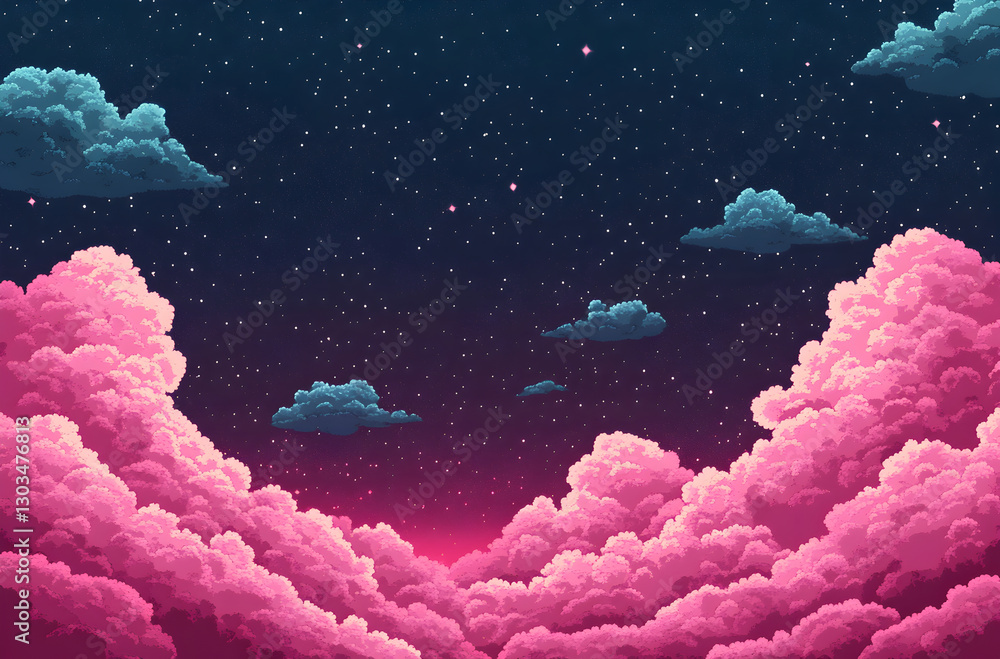 Pixel Art Style Night Sky with Pink and Blue Clouds Under a Starry ...