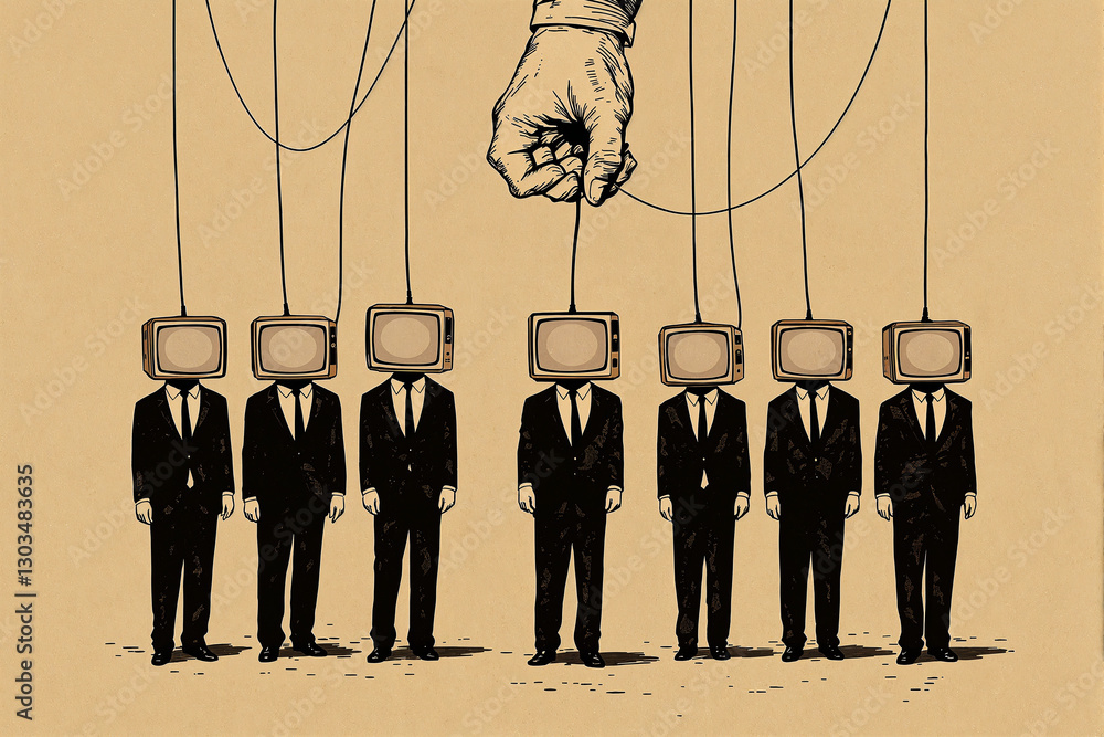 Surreal illustration of six men in suits with TV heads controlled by a ...