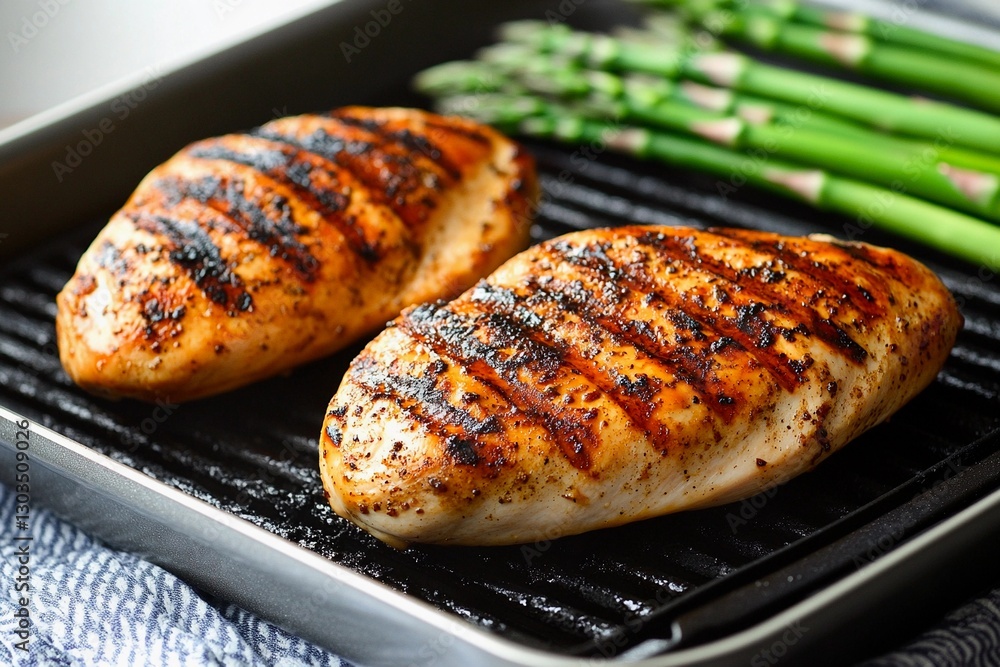 Two perfectly grilled chicken breasts sit on a barbecue grill alongside ...
