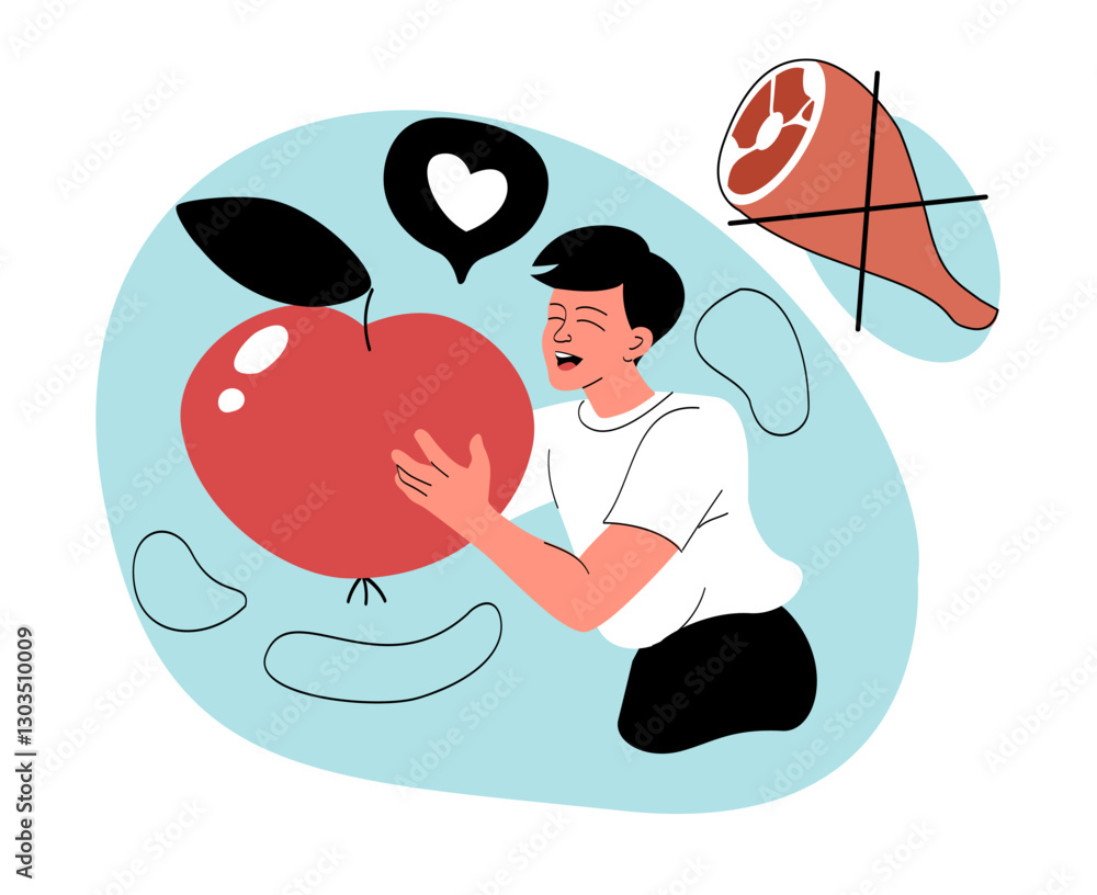 Vegan with apple. Man with large apple. Young guy refuse meat. Healthy ...