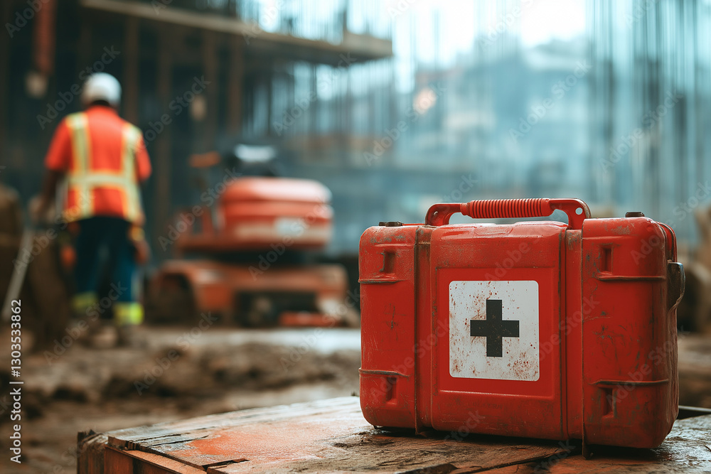 A red first aid kit and fire extinguisher are positioned for emergency ...