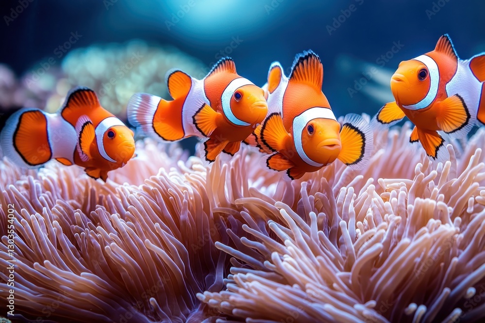 Colorful clown fishes explore the lively coral reefs, highlighting ...