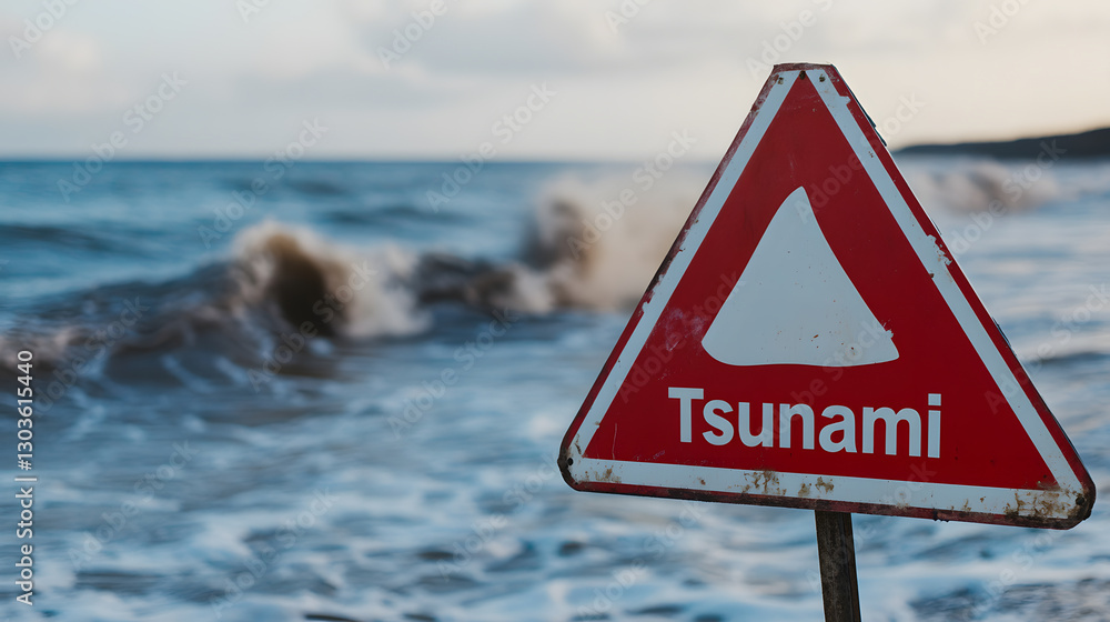 Tsunami Warning: A red triangular sign alerts of the potential danger ...