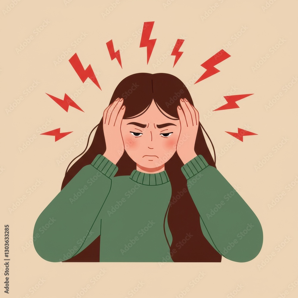 Cartoon illustration of a woman with a headache and stress symbols in a ...