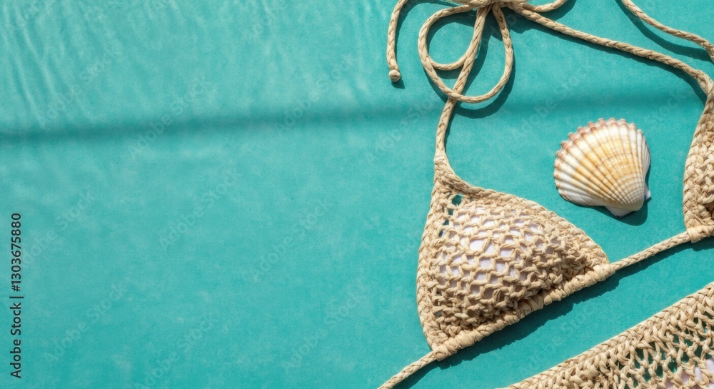 Crochet bikini with seashell on turquoise background for summer beach ...