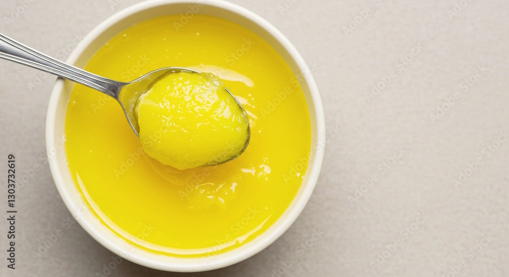 Indian Desi cow ghee or clarified butter in spoon and bowl,top view ...