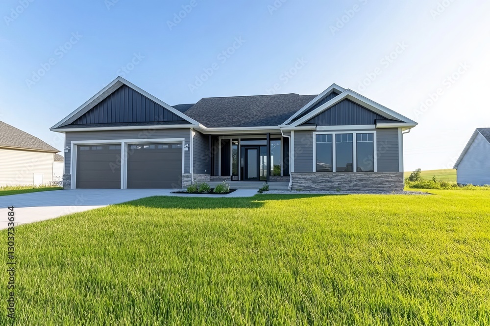 Modern Gray Ranch House Exterior Design Suburban Home New Construction ...