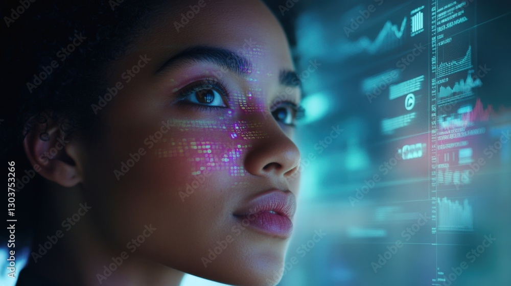 Closeup of a strategists face illuminated by the soft glow of augmented ...