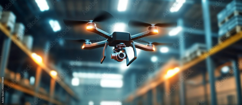 Innovative drones navigate a smart warehouse for advanced logistics and efficient inventory ...