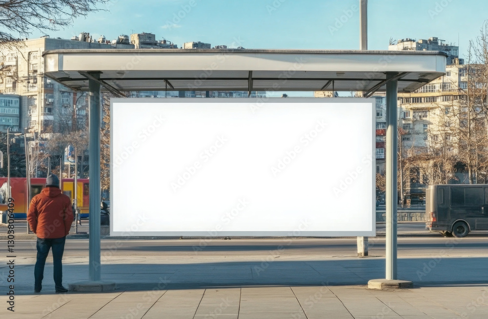 Urban bus stop with blank white billboard mockup for advertisement ...