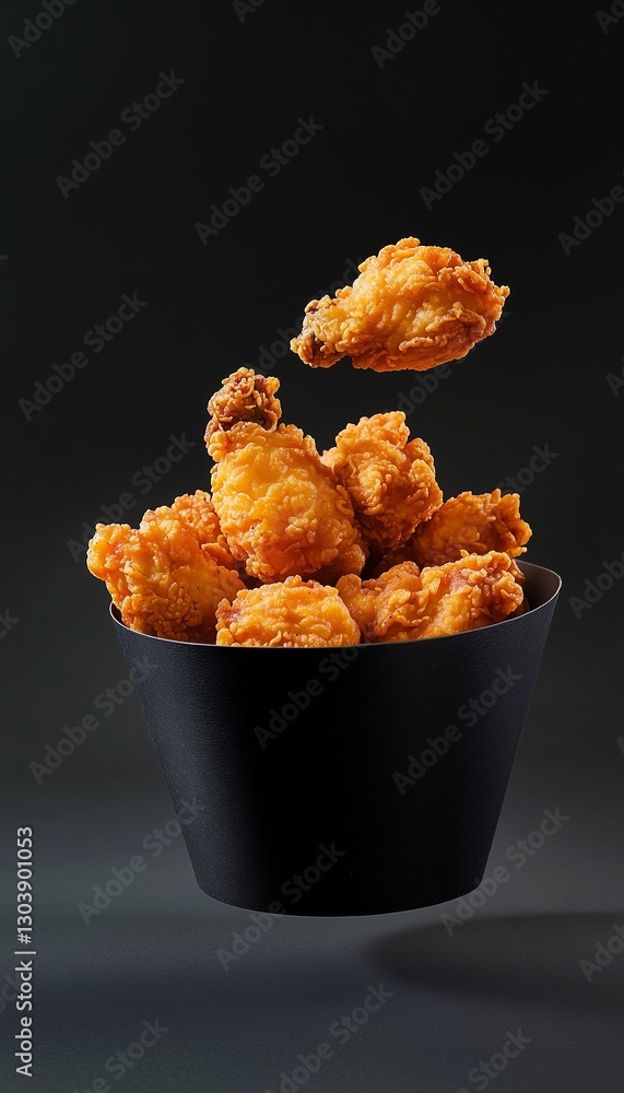 Crunchy fried chicken on black paper bucket floating in solid vertical ...