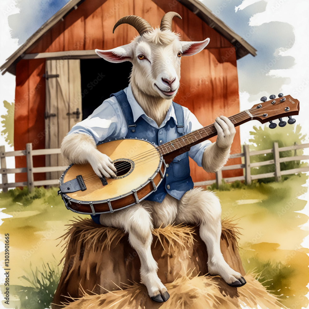 watercolor-Style Illustration a fun-loving goat sitting on a haystack ...