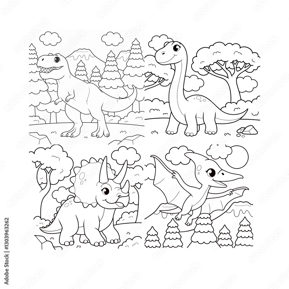 Cute Dinosaur Coloring Page for Kids Fun Prehistoric Scene Stock ...