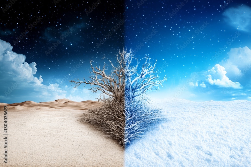A dramatic split-screen image showing a desert on one side and a snowy ...