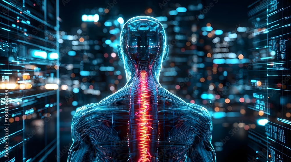 Futuristic humanoid figure with an iridescent exoskeleton and pulsating ...