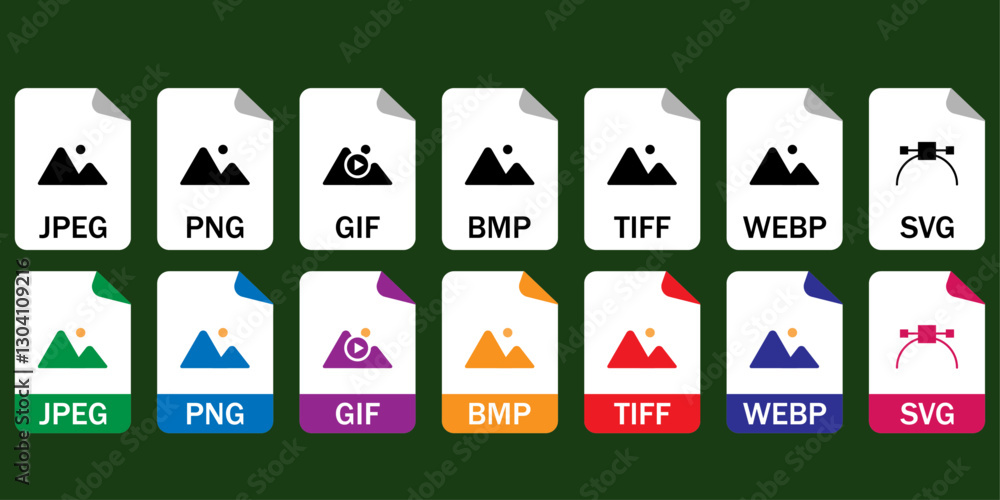 Collection of vector icons for image file formats (JPG, PNG, GIF, BMP, TIFF, WEBP, SVG). Ideal ...