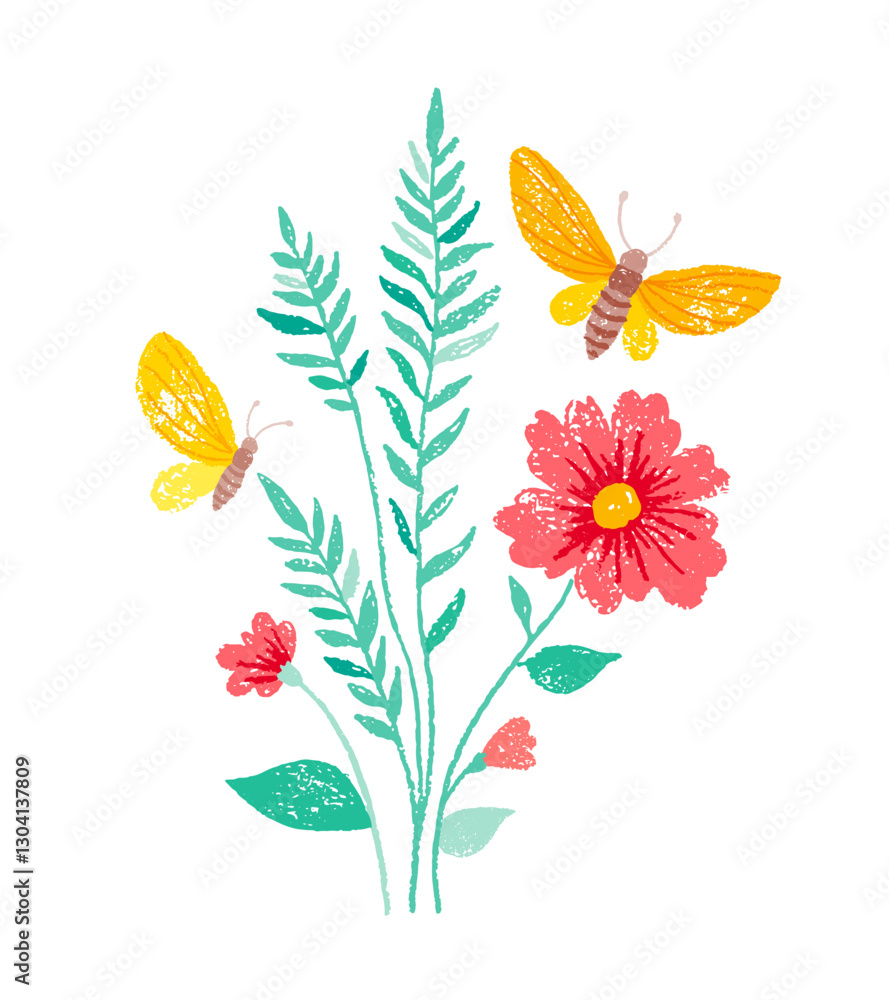 Flower with butterfly spring vector. Floral background, garden crayon ...