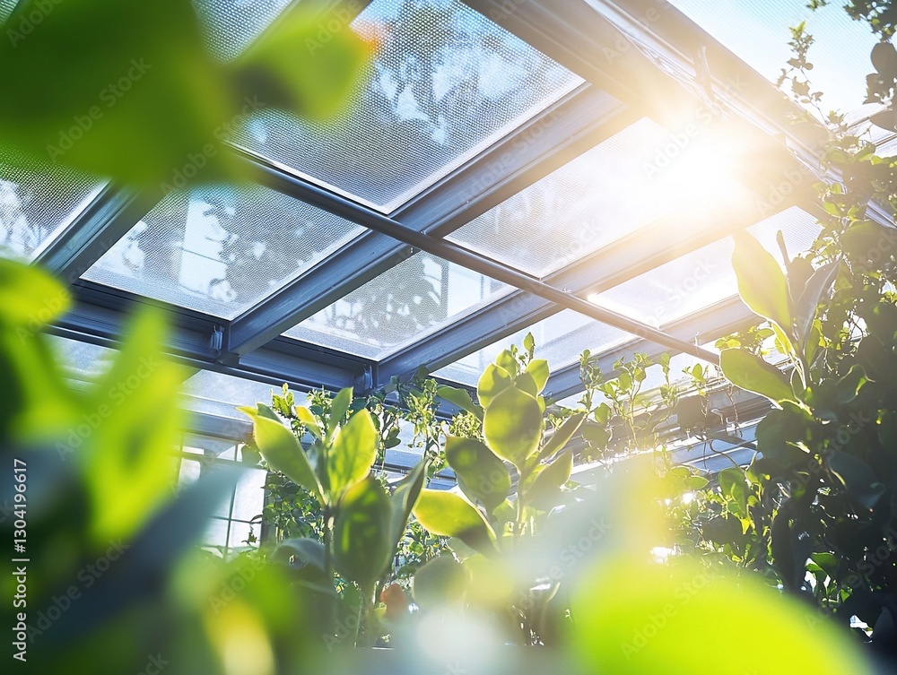 Sleek transparent solar panel roof shelters modern greenhouse ...