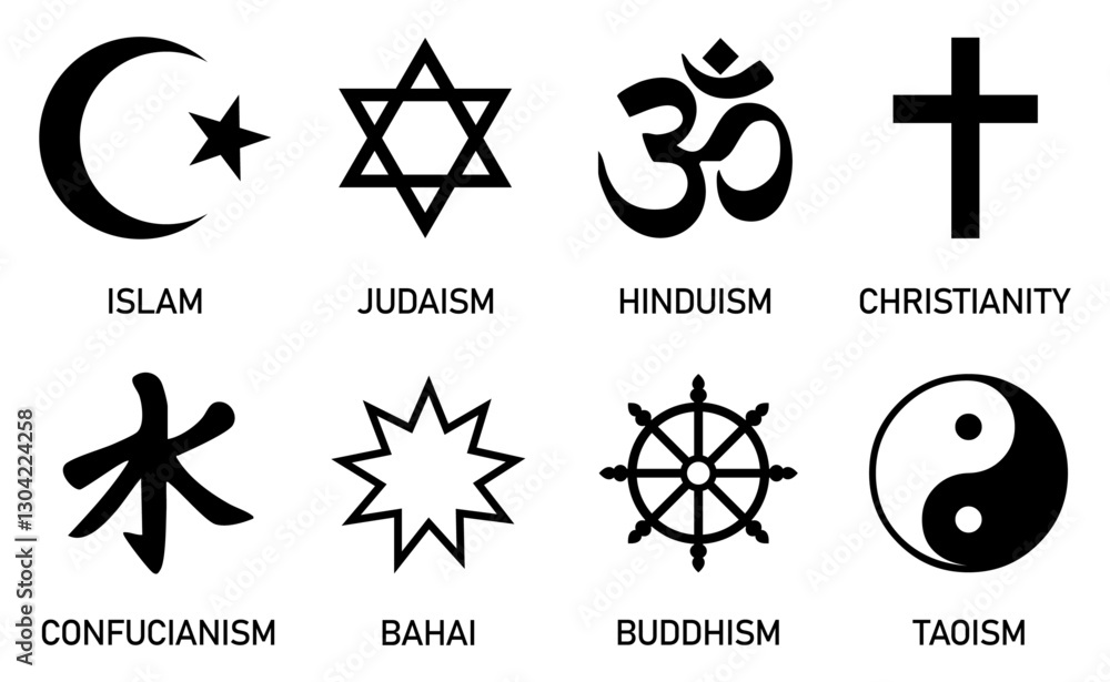 Set of world religion sign symbol black. Islam, judaism, hinduism ...