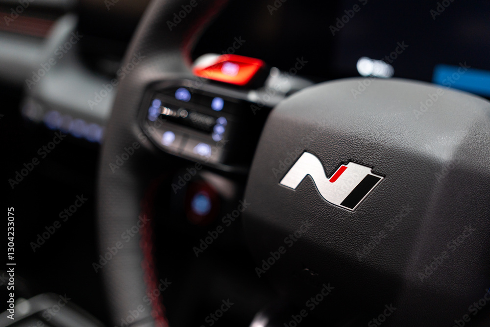 Hyundai IONIQ 5 N logo on steering wheel. Electric Vehicle EV. Ioniq 5 ...