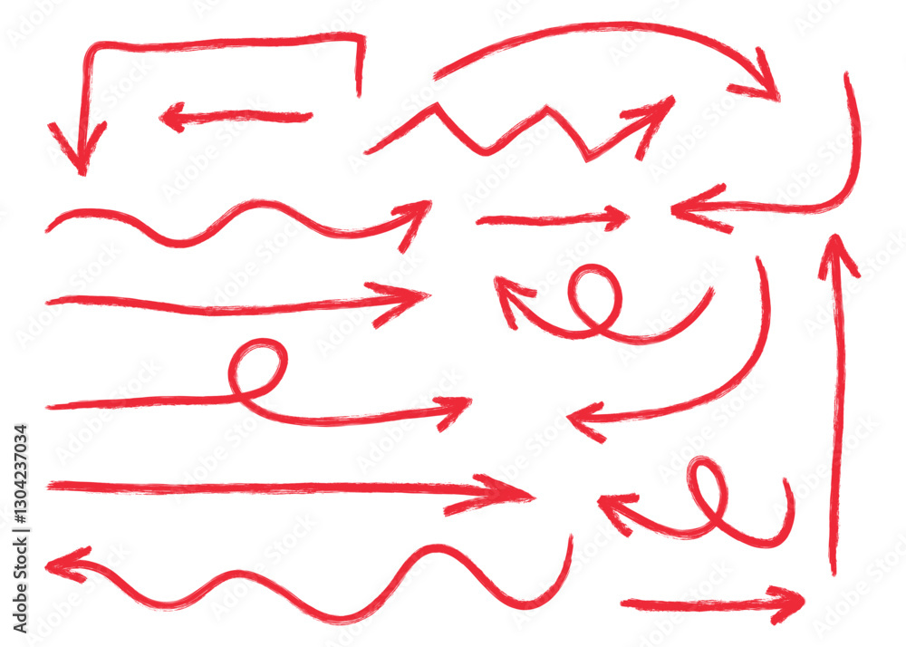 Squiggly red arrow set in flat style. Hand drawn crayon chalk elements ...