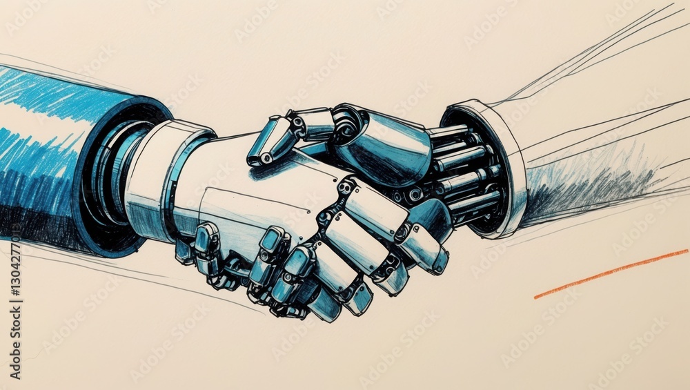 Ink drawing of two robotic arms in handshake. Metal joints and blue ...