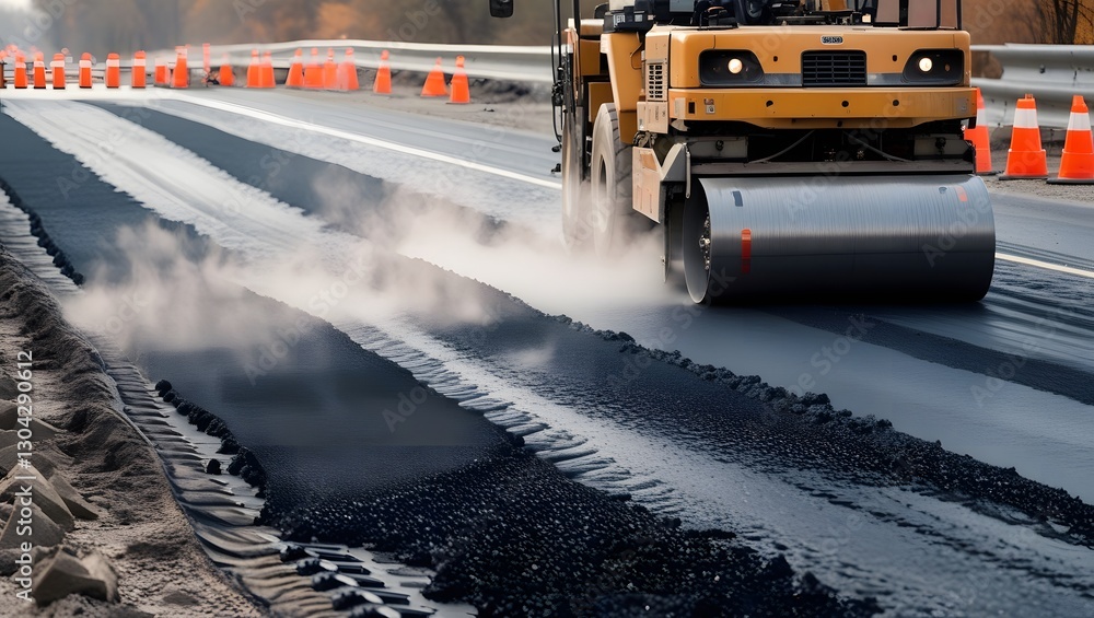 Road Paver Machine Slowly Moving Forward, Laying Down A Fresh Layer Of ...