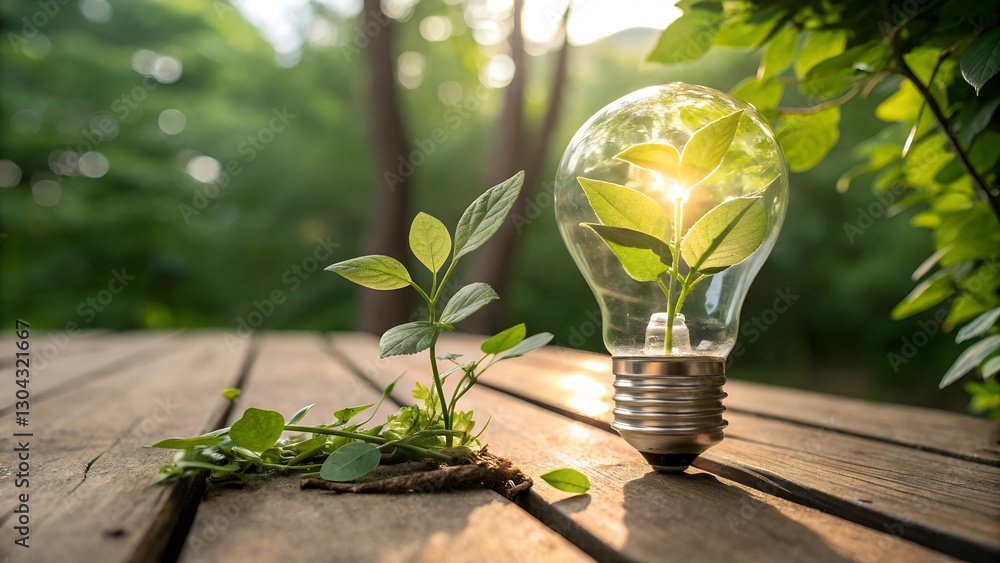 Light bulb, glowing, green energy, nature, forest, wooden surface, leaves, sustainability, eco ...