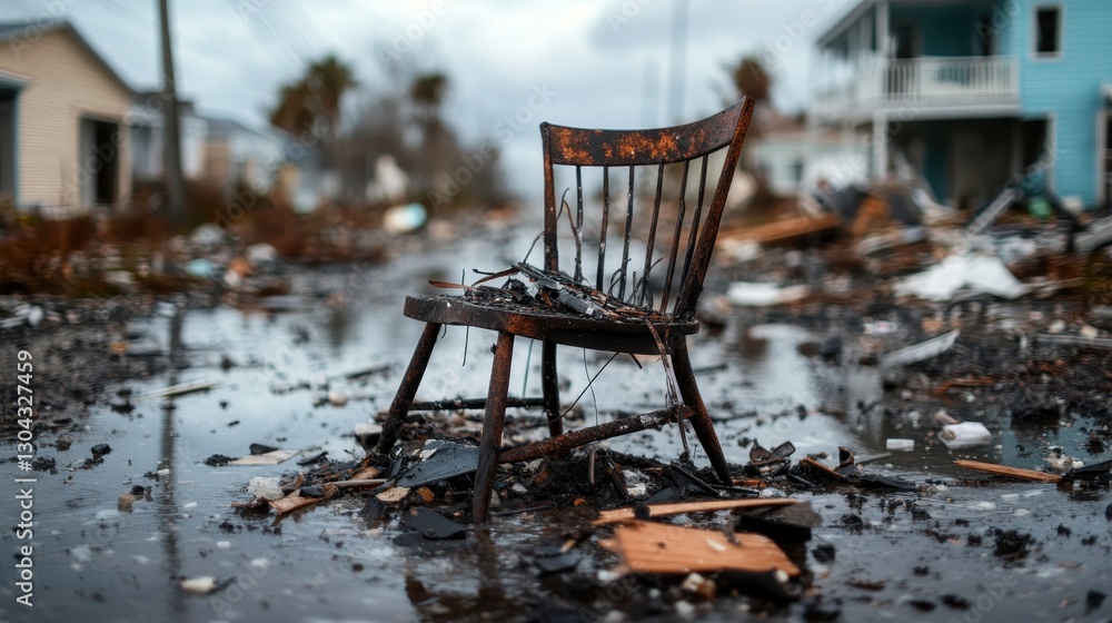 A rusty chair partially submerged in water illustrates the aftermath of ...