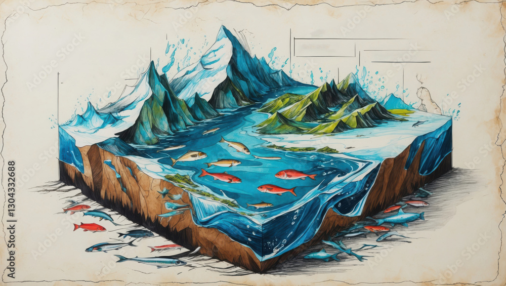 Watercolor drawing shows sea with mountains. Blue water hosts red ...