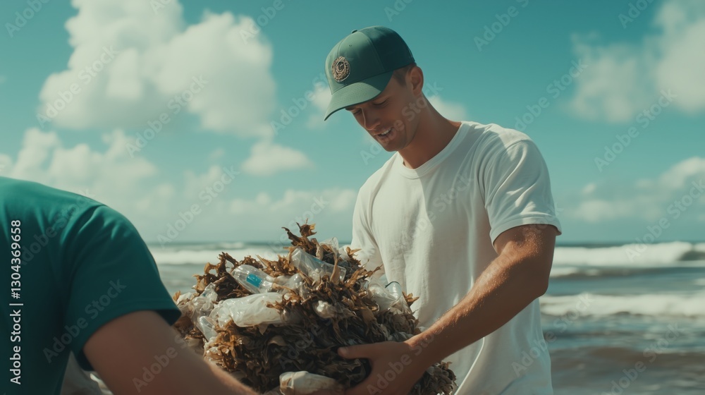 Young man collects plastic waste from beach while working to protect ...