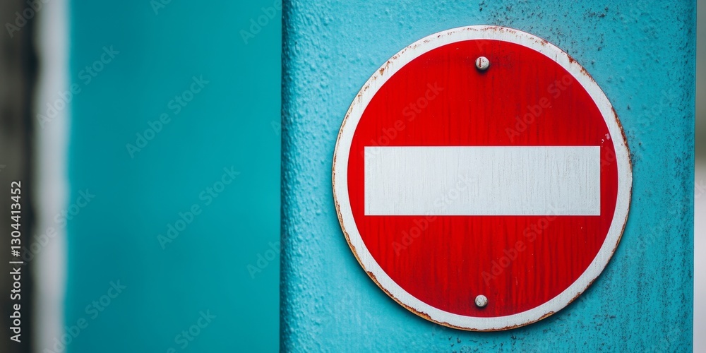 A vibrant red no entry sign against a turquoise background. This image ...