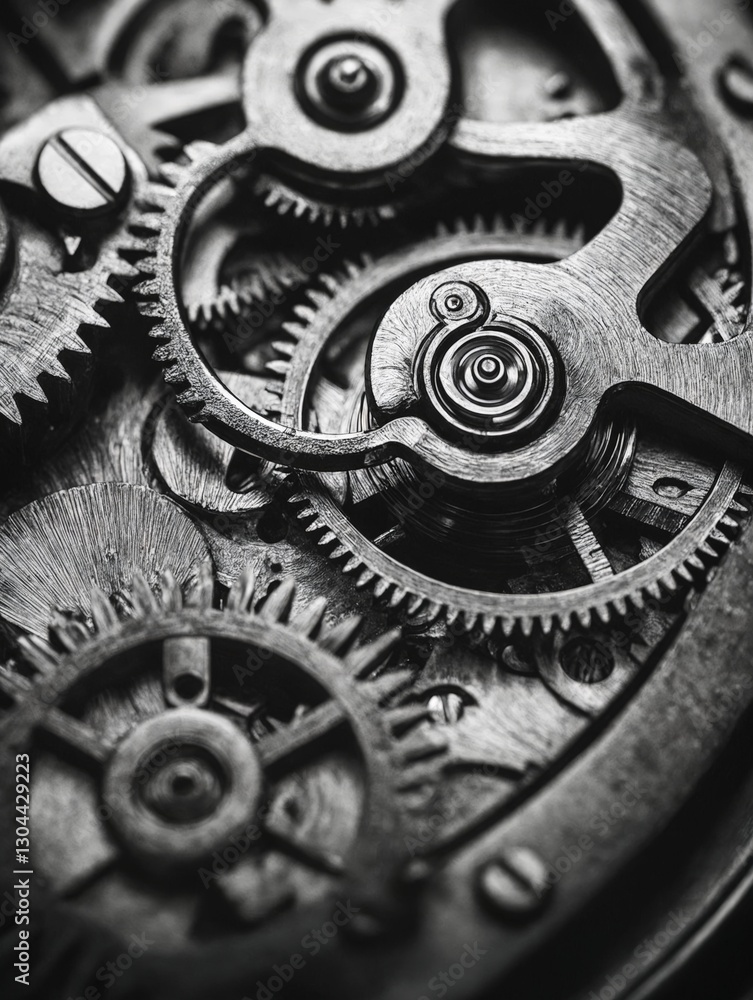 Un intrincado sistema de engranajes en un reloj mecánico, mostrando la ...