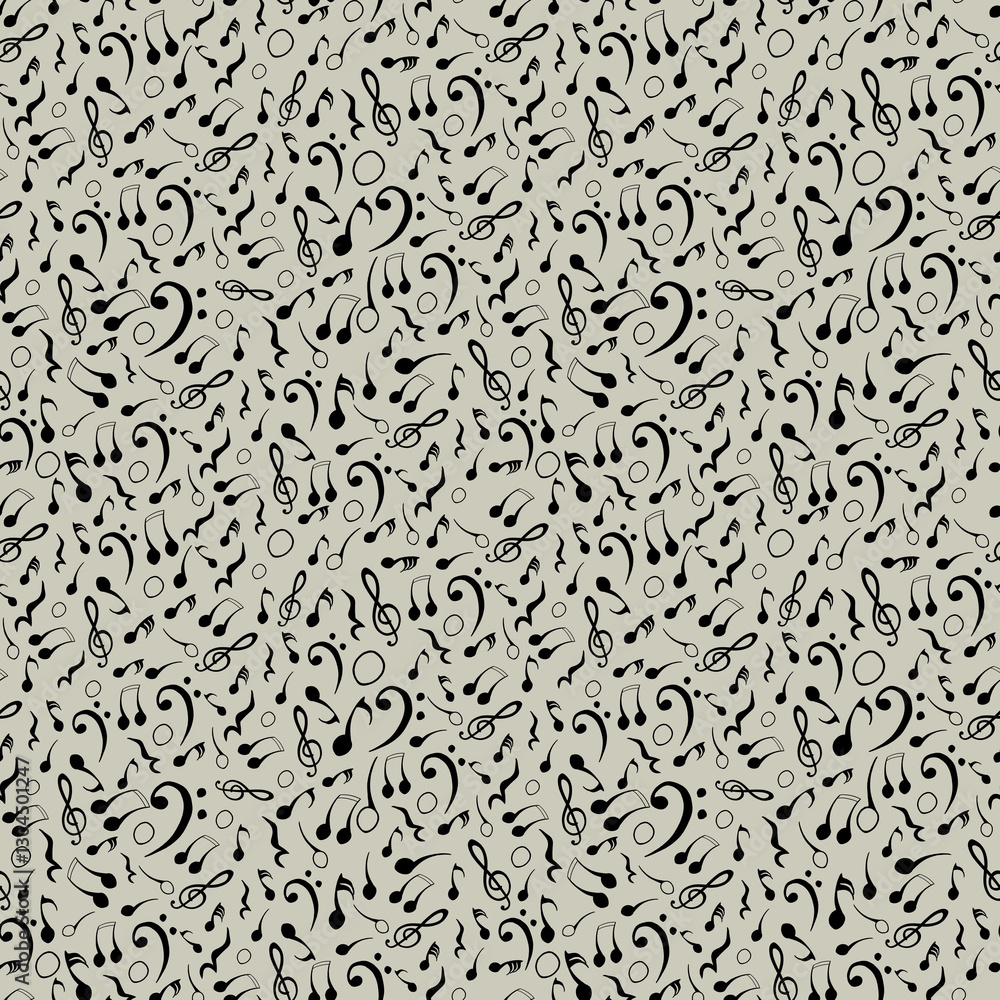 Seamless pattern of musical notes and symbols on a light gray pastel ...