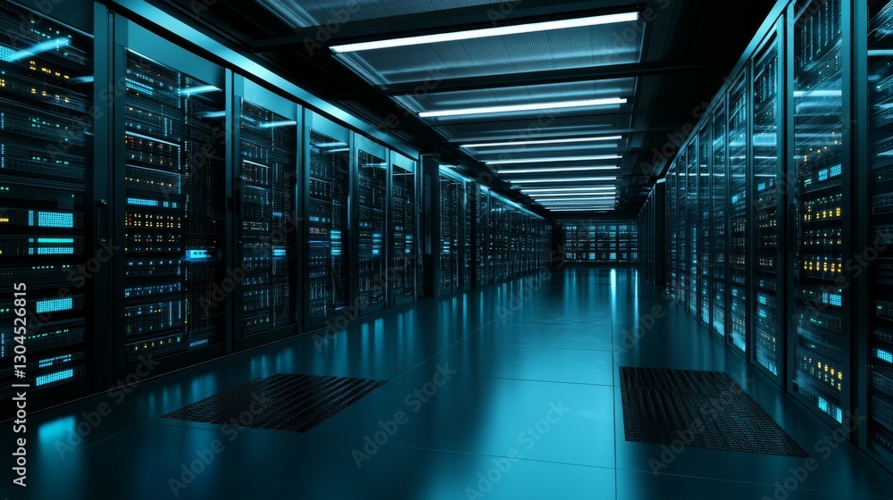 The data center servers, with their blue and green lights blinking, are in operation Stock ...