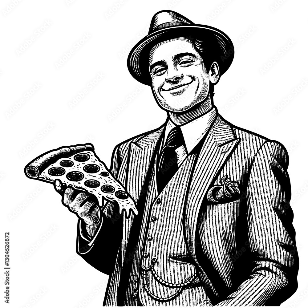 ภาพประกอบ Stock Mafia smiling man in a classic suit and hat, holding a ...